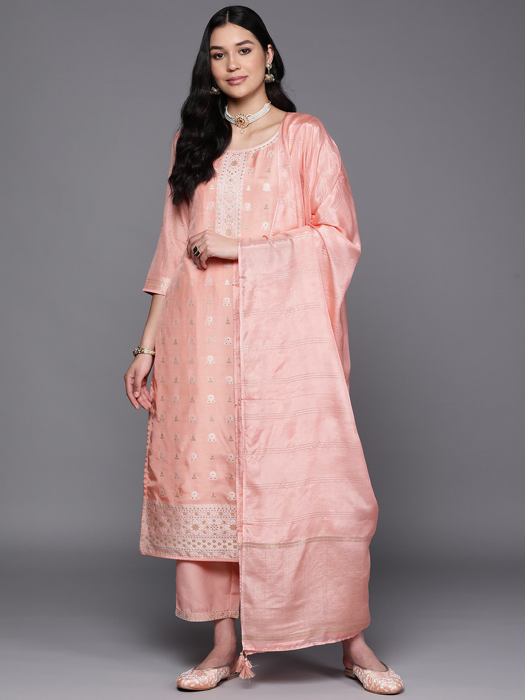 Buy Libas Women Peach Coloured Floral Kurta With Trousers & With ...
