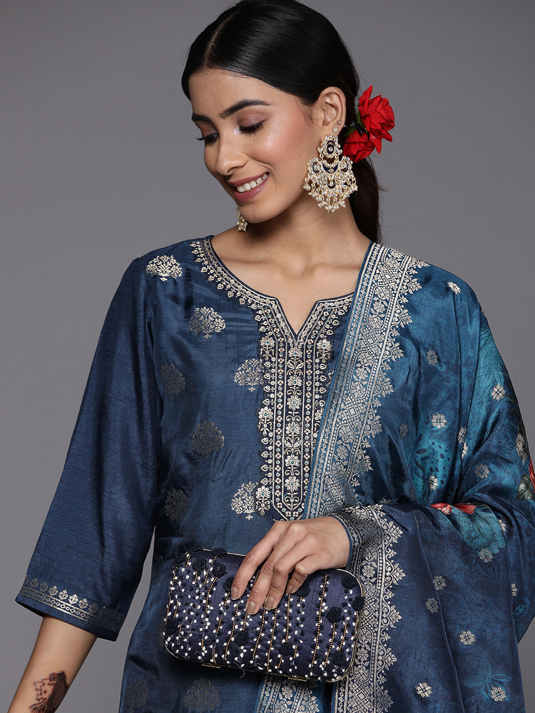 Buy Libas Women Teal Pure Silk Kurta With Trousers & With Dupatta ...