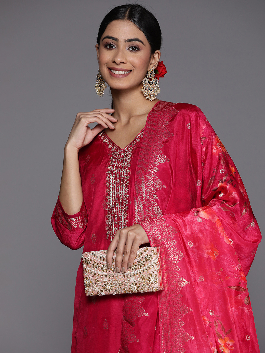 Buy Libas Women Magenta Pure Silk Kurta With Trousers & With Dupatta ...