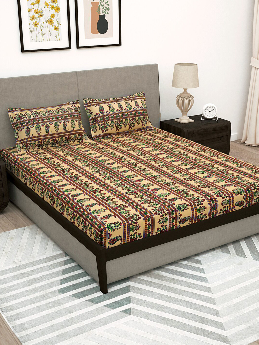 Buy Story@home Beige & Red Ethnic Motifs 180 TC Flat Queen Bedsheet With 2 Pillow Covers ...