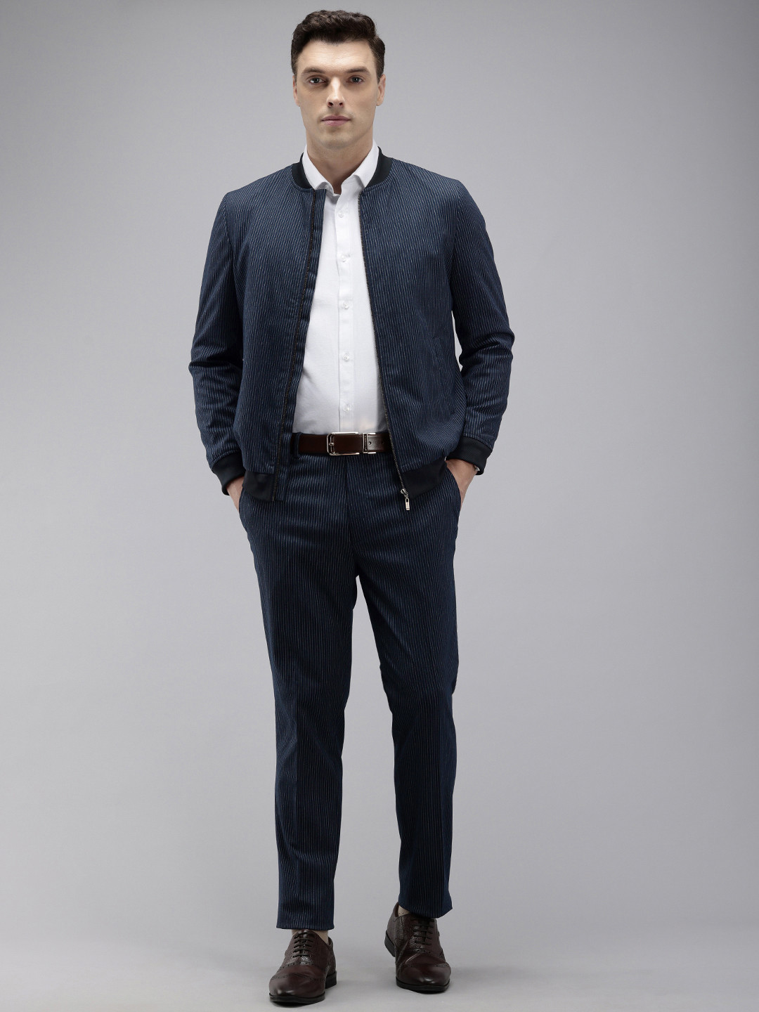 Buy Park Avenue Neo Fit Striped Stand Collar Formal 2 Piece Suits ...