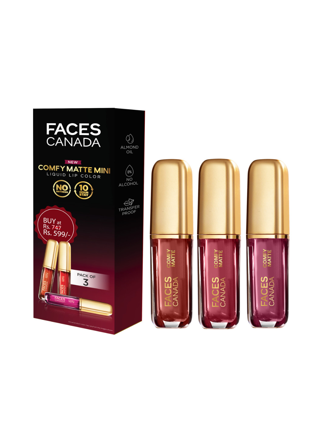 Buy FACES CANADA Set Of 3 Comfy Matte Mini Long Lasting Liquid Lipstick ...
