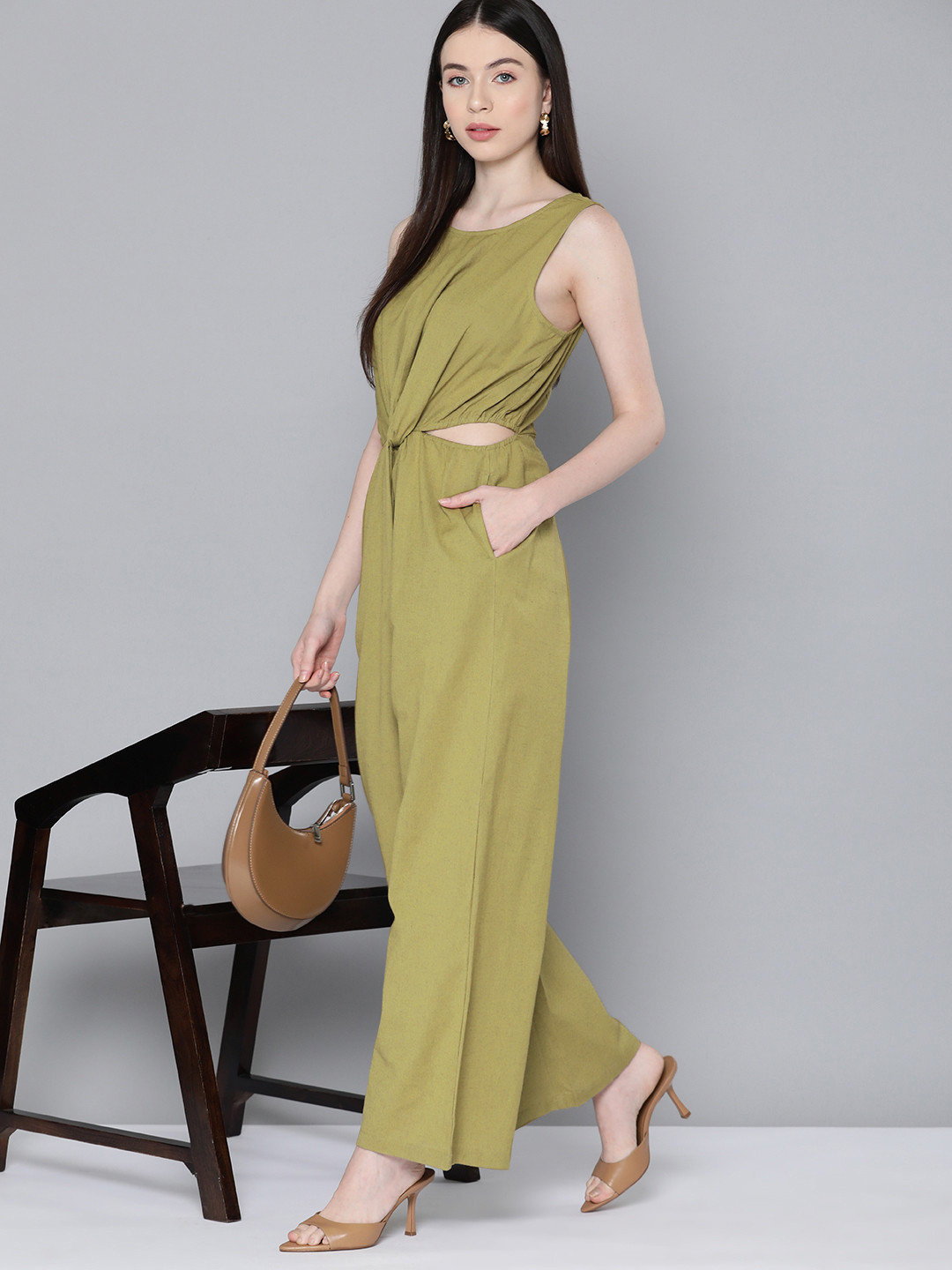 Buy Chemistry Solid Twisted Front Basic Jumpsuit With Cut Out Detail ...