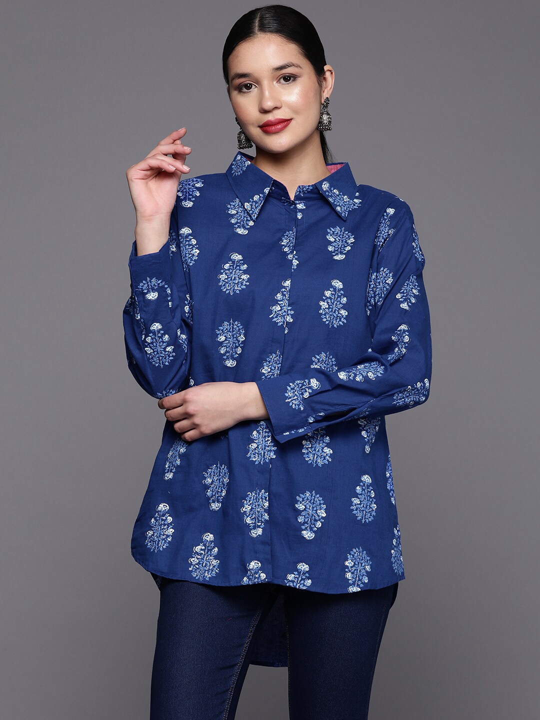 Buy Ahalyaa Blue And White Print Shirt Style Pure Cotton Top Tops For