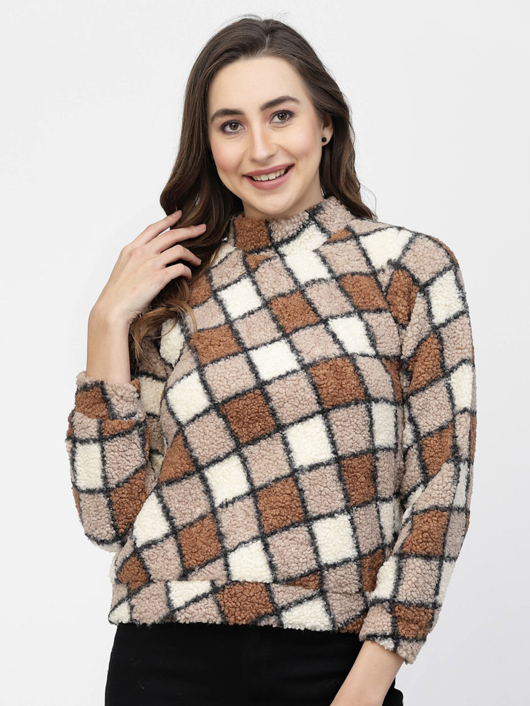 Buy Juelle Women High Neck Checked Fleece Sweatshirt - Sweatshirts for ...