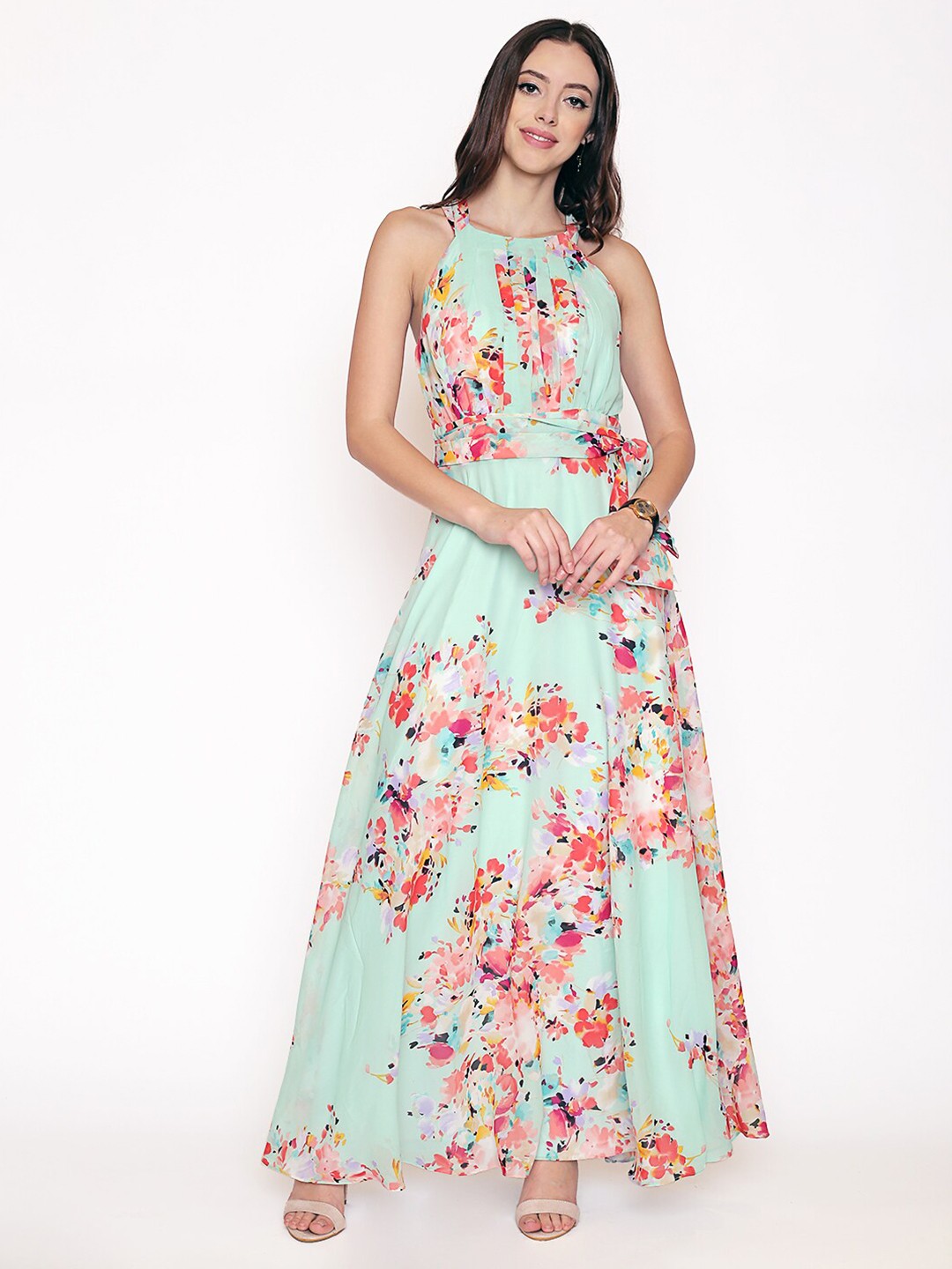 Buy 250 Designs Floral Halter Neck Georgette Maxi Dress Dresses For