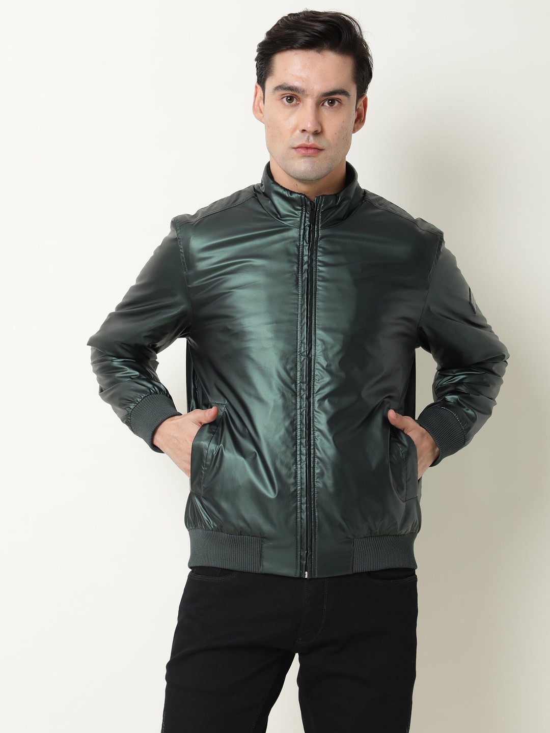 Buy RARE RABBIT Men Carpi Regular Fit Mock Collar Bomber Jacket ...