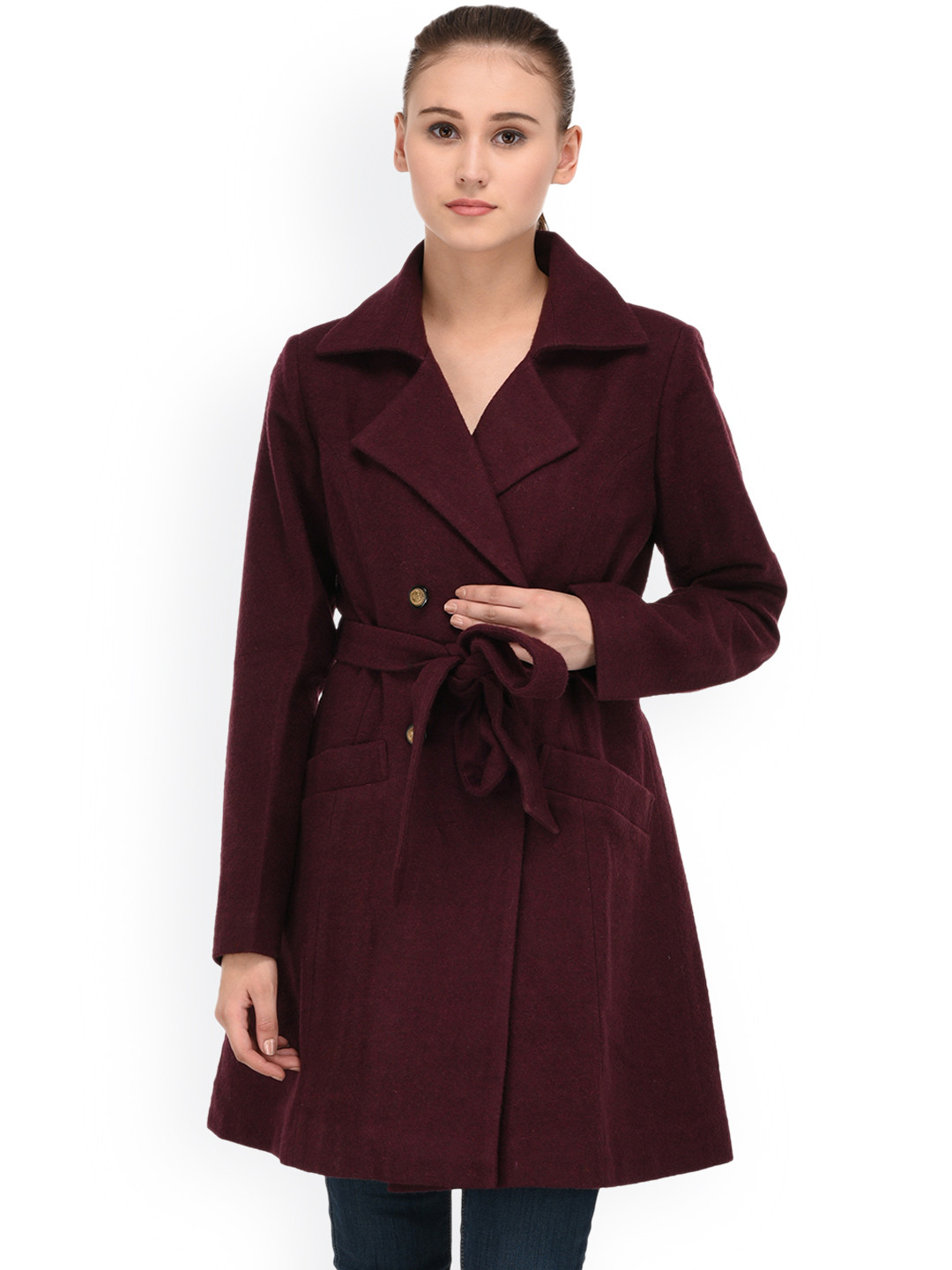 Buy Owncraft Maroon Longline Pea Coat - Coats for Women 2160230 | Myntra