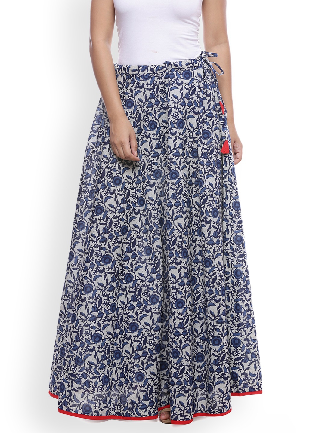 Buy Soundarya White And Blue Floral Print Flared Maxi Pure Cotton Skirt