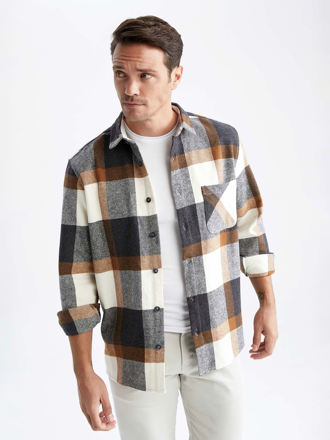 Buy DeFacto Men Checked Cutaway Collar Casual Shacket - Shackets for ...