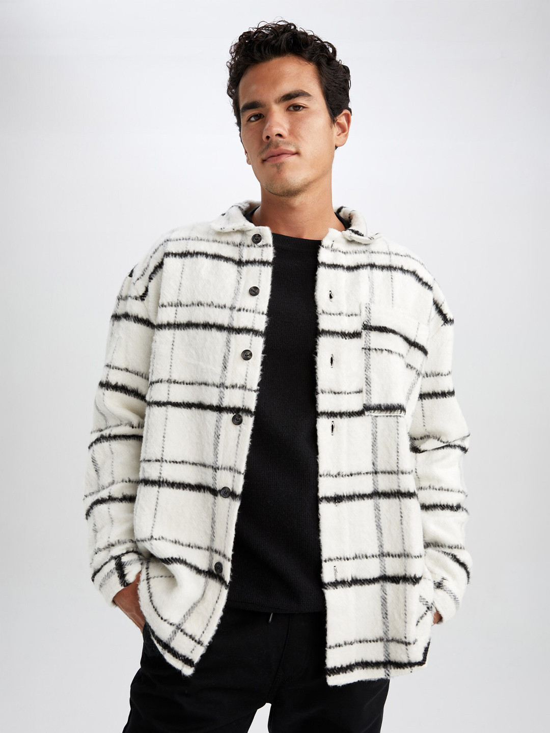 Buy DeFacto Men Windowpane Checks Checked Long Sleeves Shacket ...