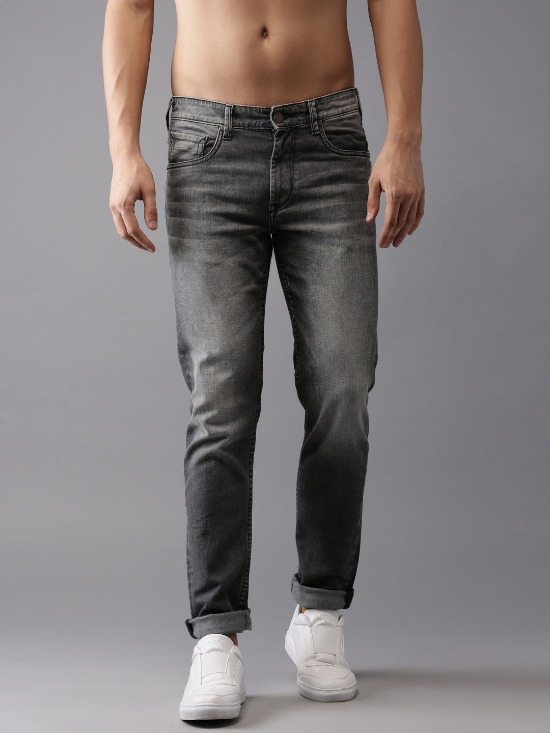 Buy HERE&NOW Men Grey Slim Fit Mid Rise Slash Knee Stretchable Jeans ...