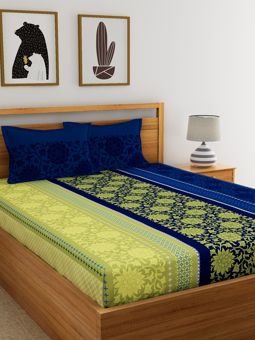 Buy Dreamscape Blue Floral 140 TC Fitted Pure Cottton King Bedsheet ...