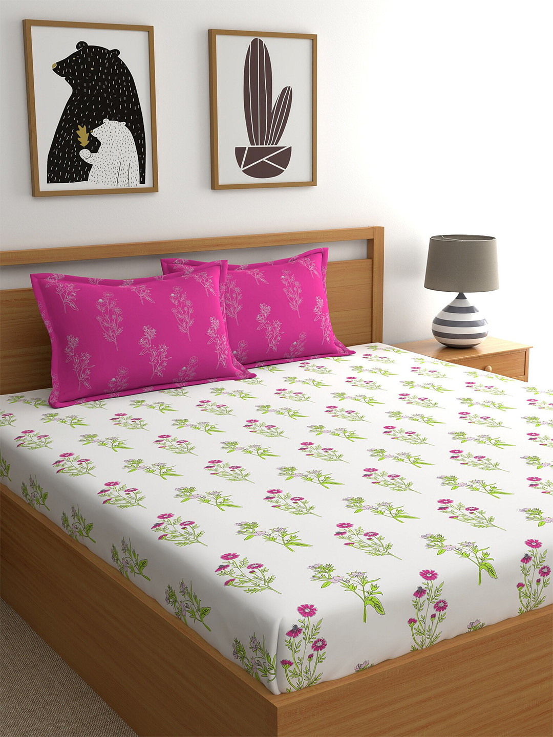 Buy Dreamscape Pink Floral 140 TC King Fitted Pure Cotton Bedsheet With ...