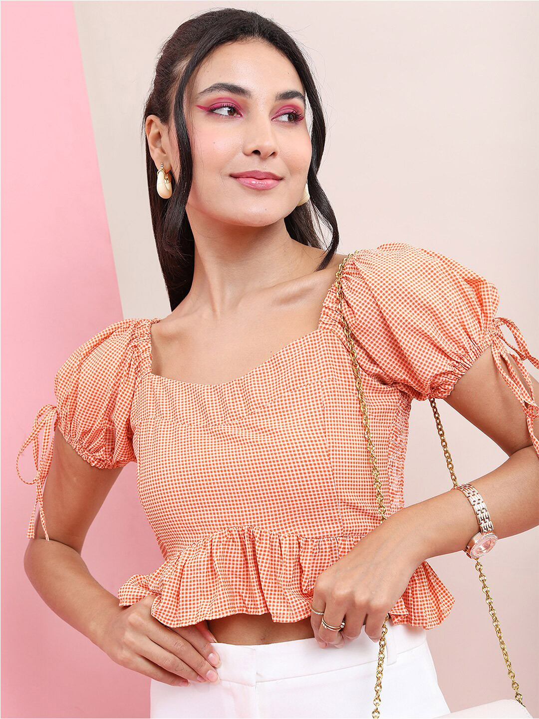 Buy Tokyo Talkies Checked Sweetheart Neck Peplum Crop Top - Tops for ...