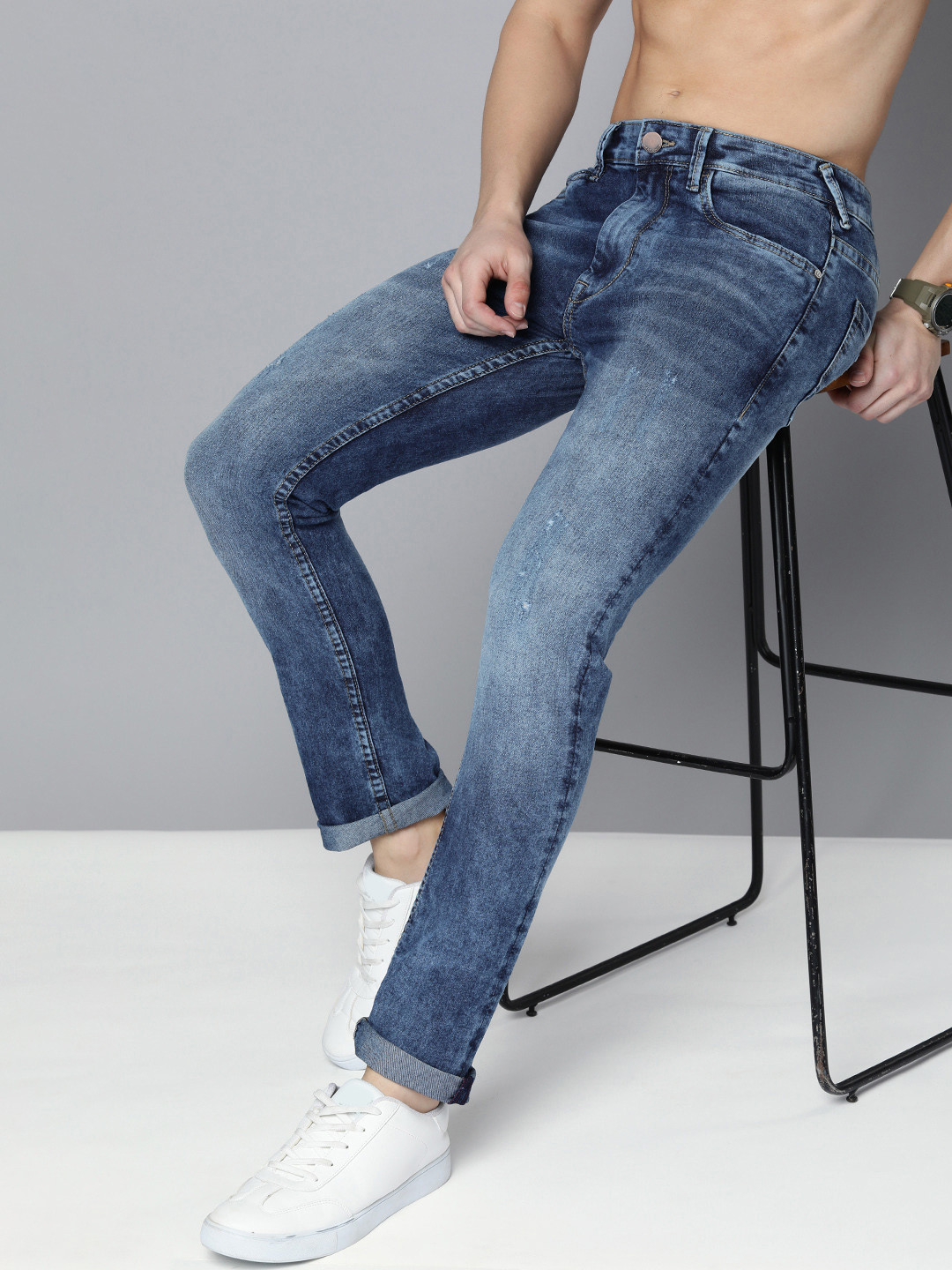 Buy HERE&NOW Men Solid Skinny Fit Mid Rise Mildly Distressed Heavy Fade ...