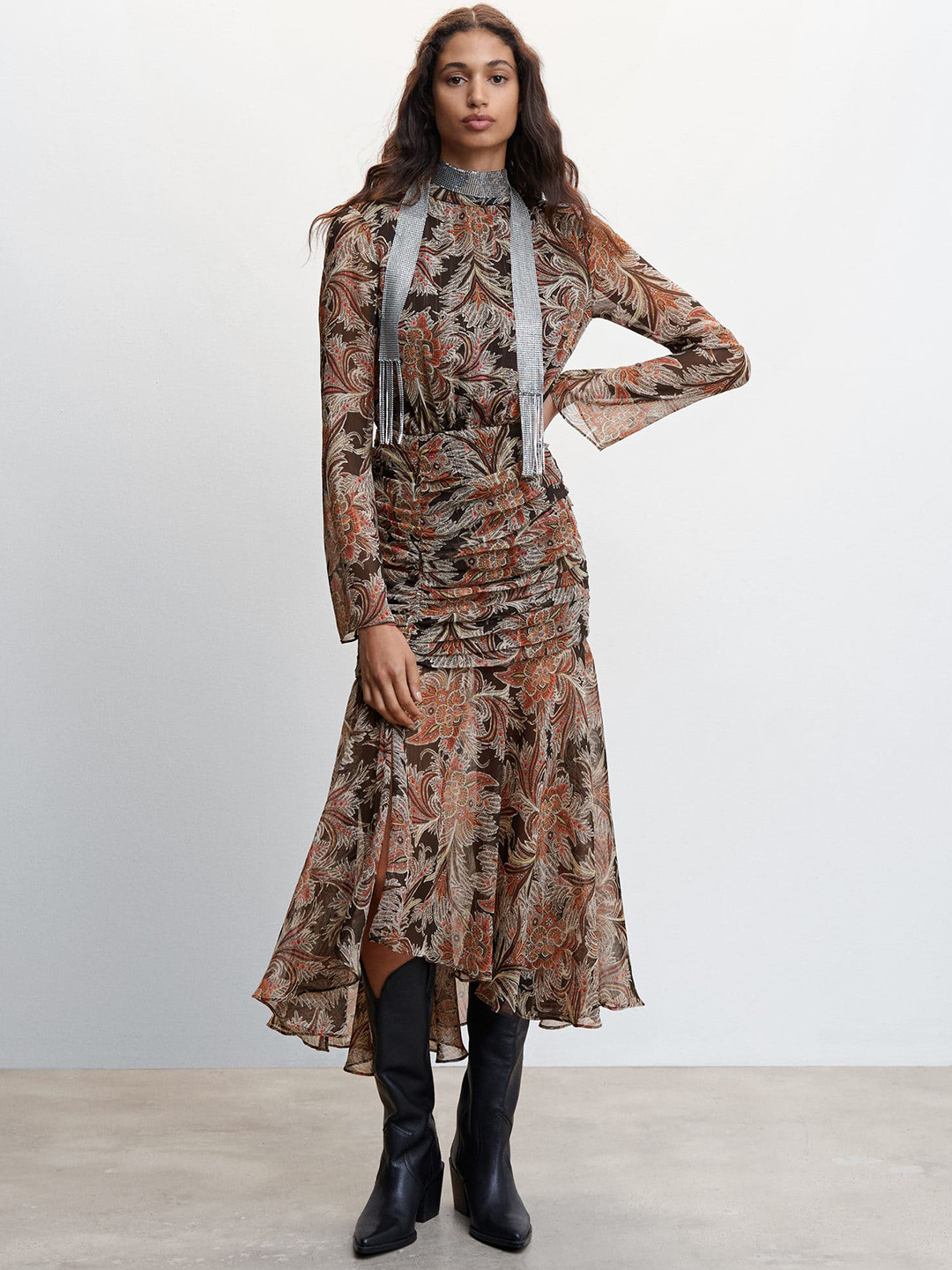 Buy MANGO Floral Printed High Neck Ruched Detail Fit & Flare Midi Dress ...