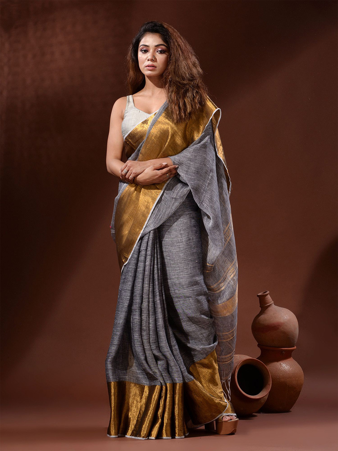 Buy Charukriti Zari Pure Linen Saree - Sarees for Women 21640164 | Myntra