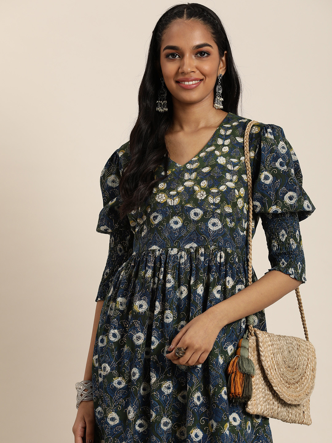 Buy Taavi Indigo Soiree Floral Printed Pure Cotton Smocked Detail Maxi ...