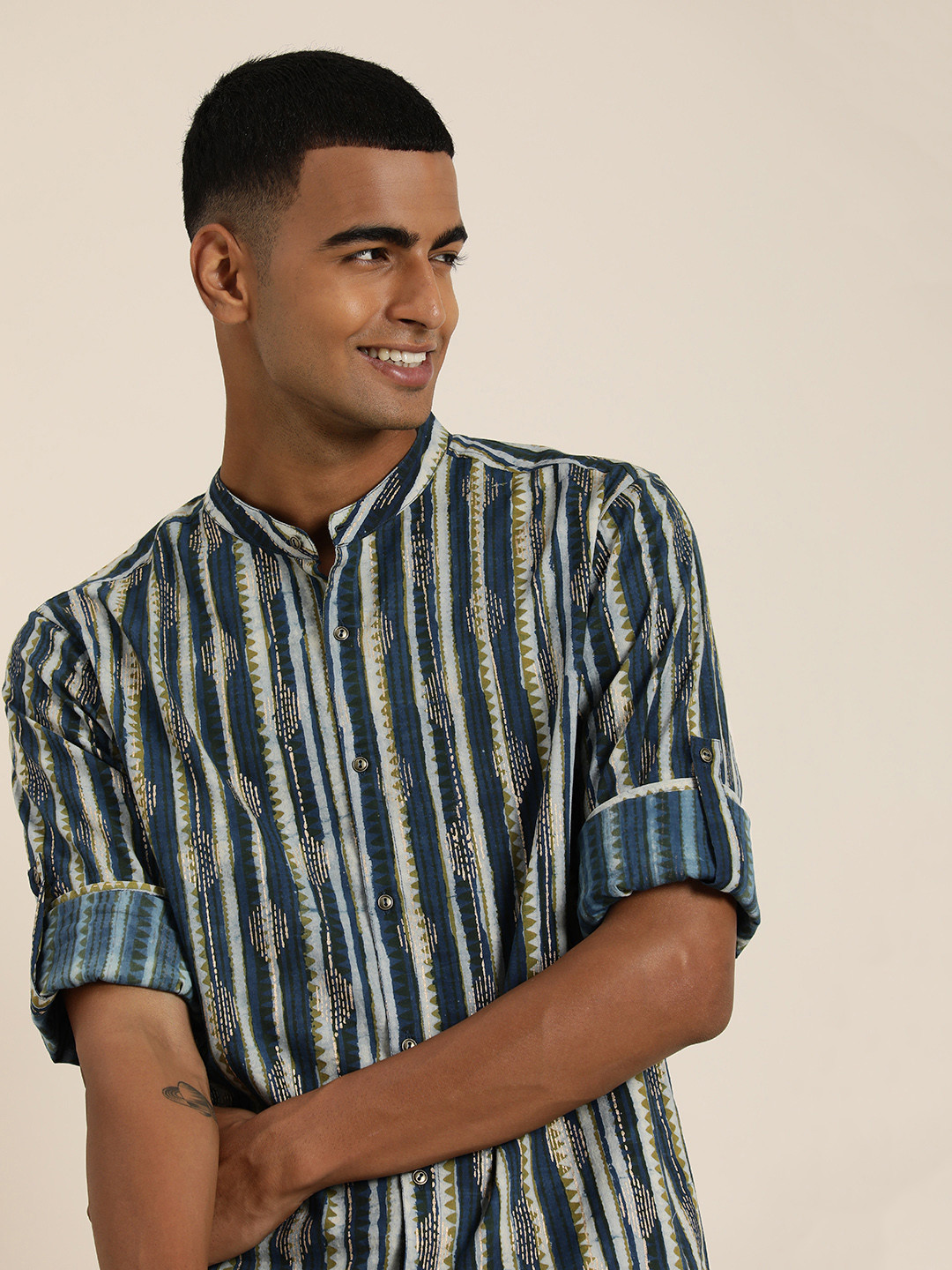 Buy Taavi Indigo Hand Block Geometric Printed Pure Cotton Casual Shirt ...