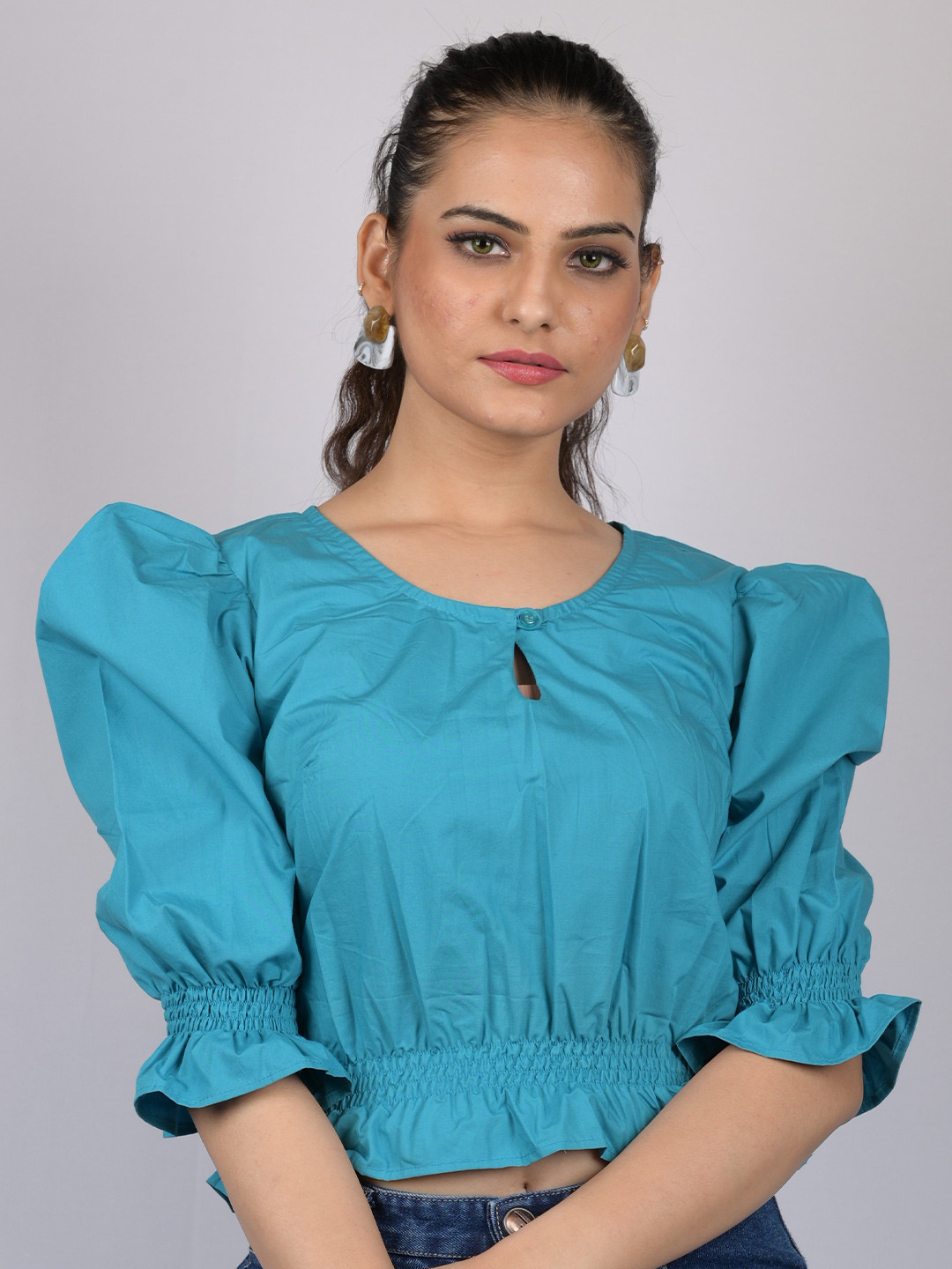 Buy OWO THE LABEL Blue Keyhole Neck Blouson Crop Top - Tops for Women 21647578 | Myntra