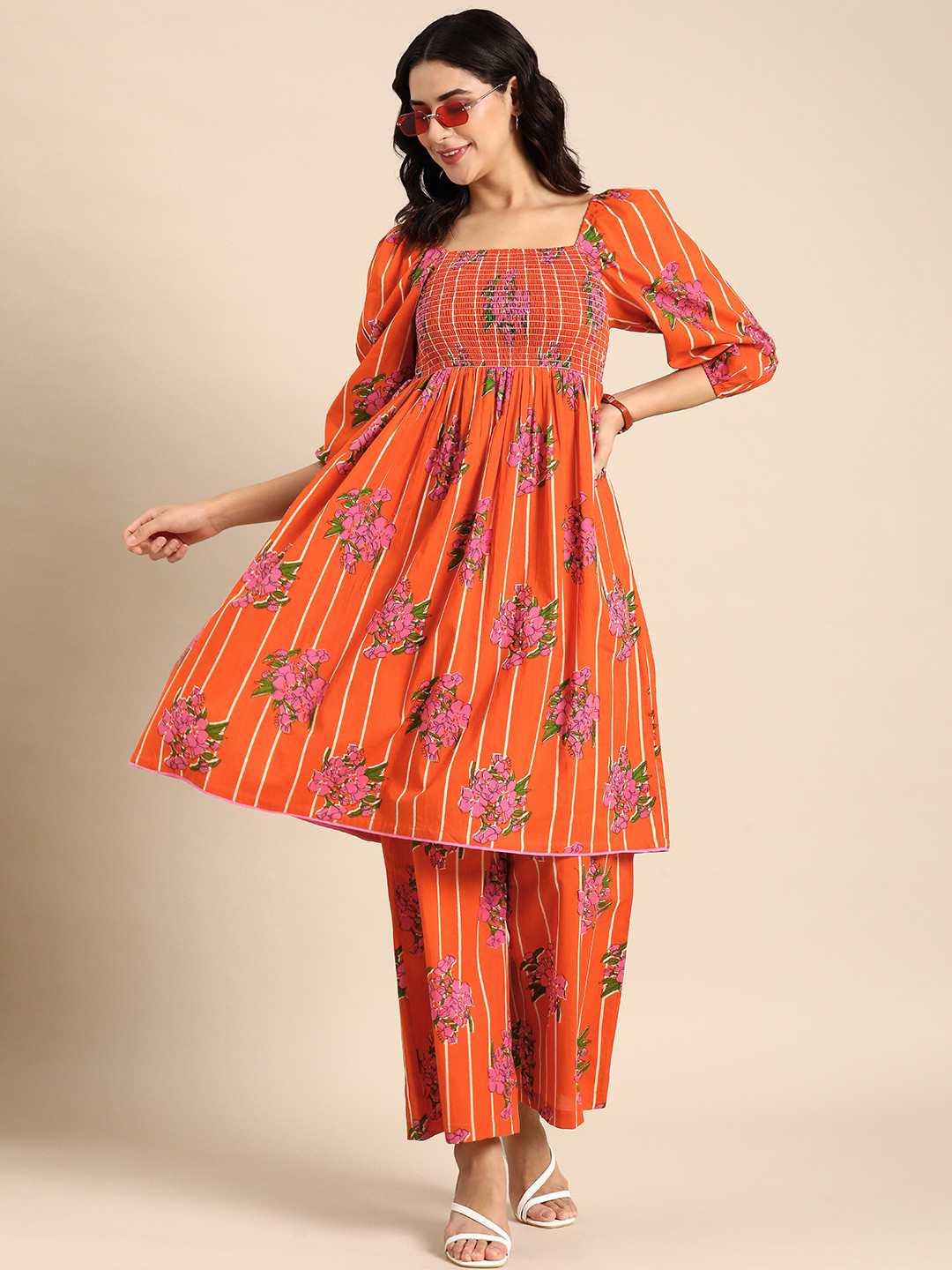 Buy Anouk Women Floral Printed Smocked Detail Empire Style Kurta With ...