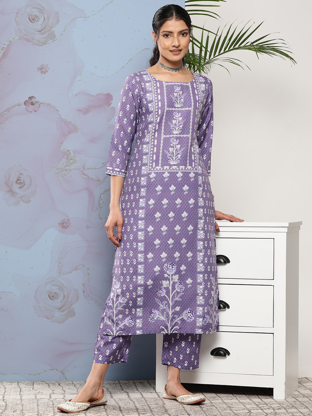 Buy Varanga Women Lavender Ethnic Motifs Printed Kurta With Trousers ...