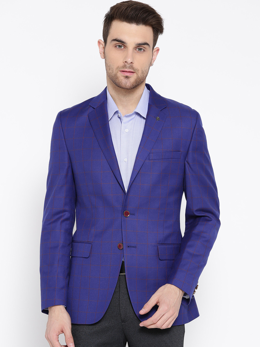 Buy Raymond Blue Checked Slim Fit Single Breasted Formal Blazer ...