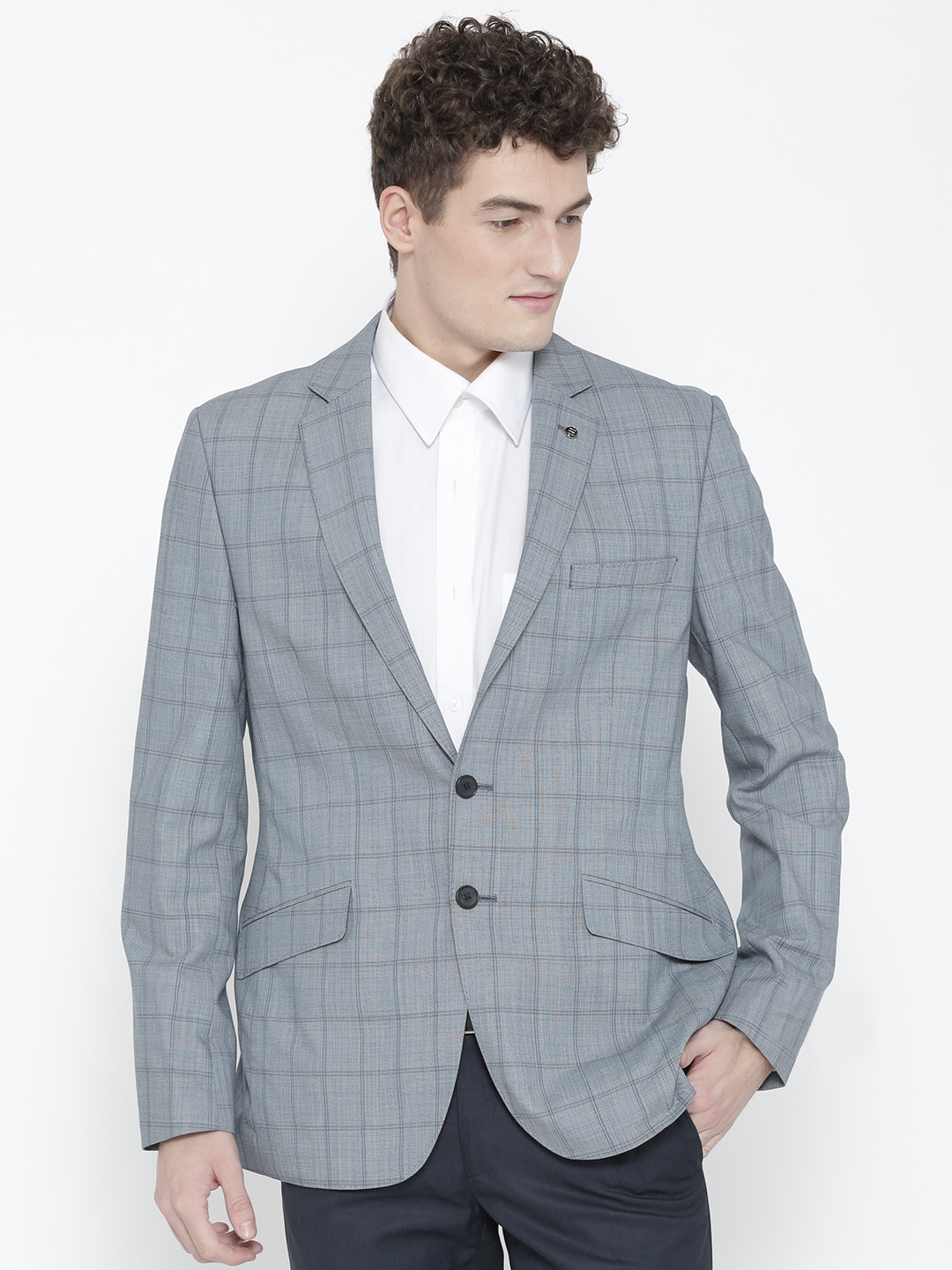 Buy Raymond Men Blue Checked Slim Fit Woollen Single Breasted Formal ...