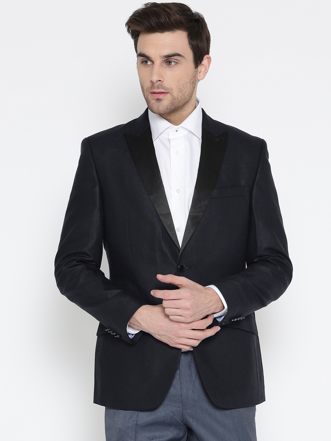 Buy Raymond Navy Single Breasted Contemporary Fit Tuxedo Blazer ...