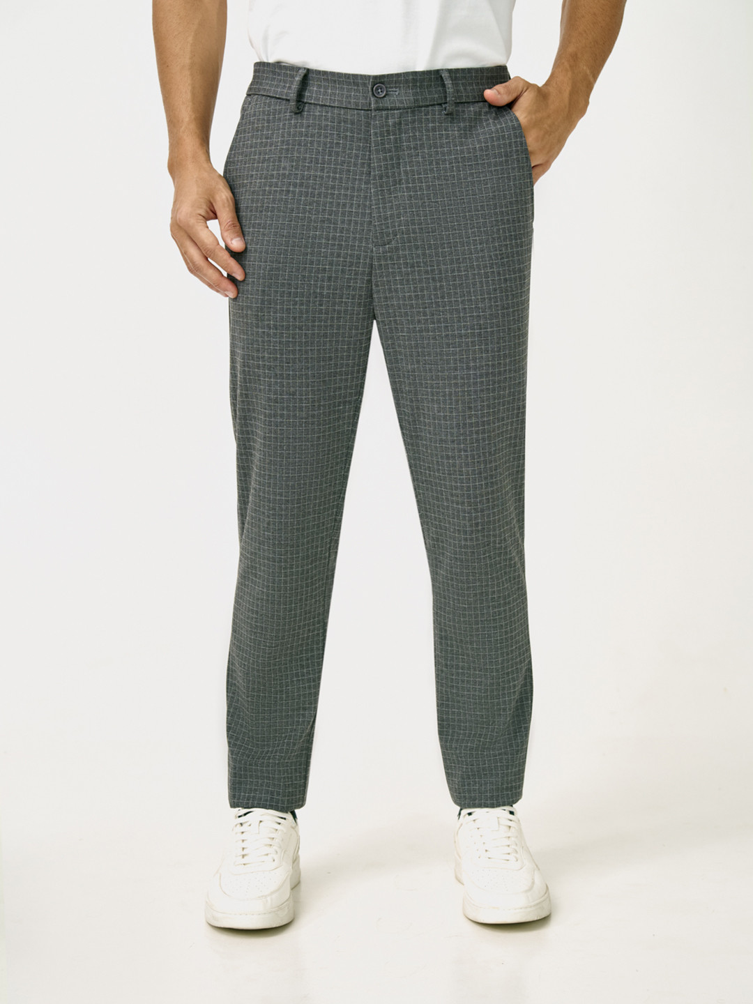 Buy The Pant Project Grey Checks Slim Fit Wrinkle Free Power Stretch ...