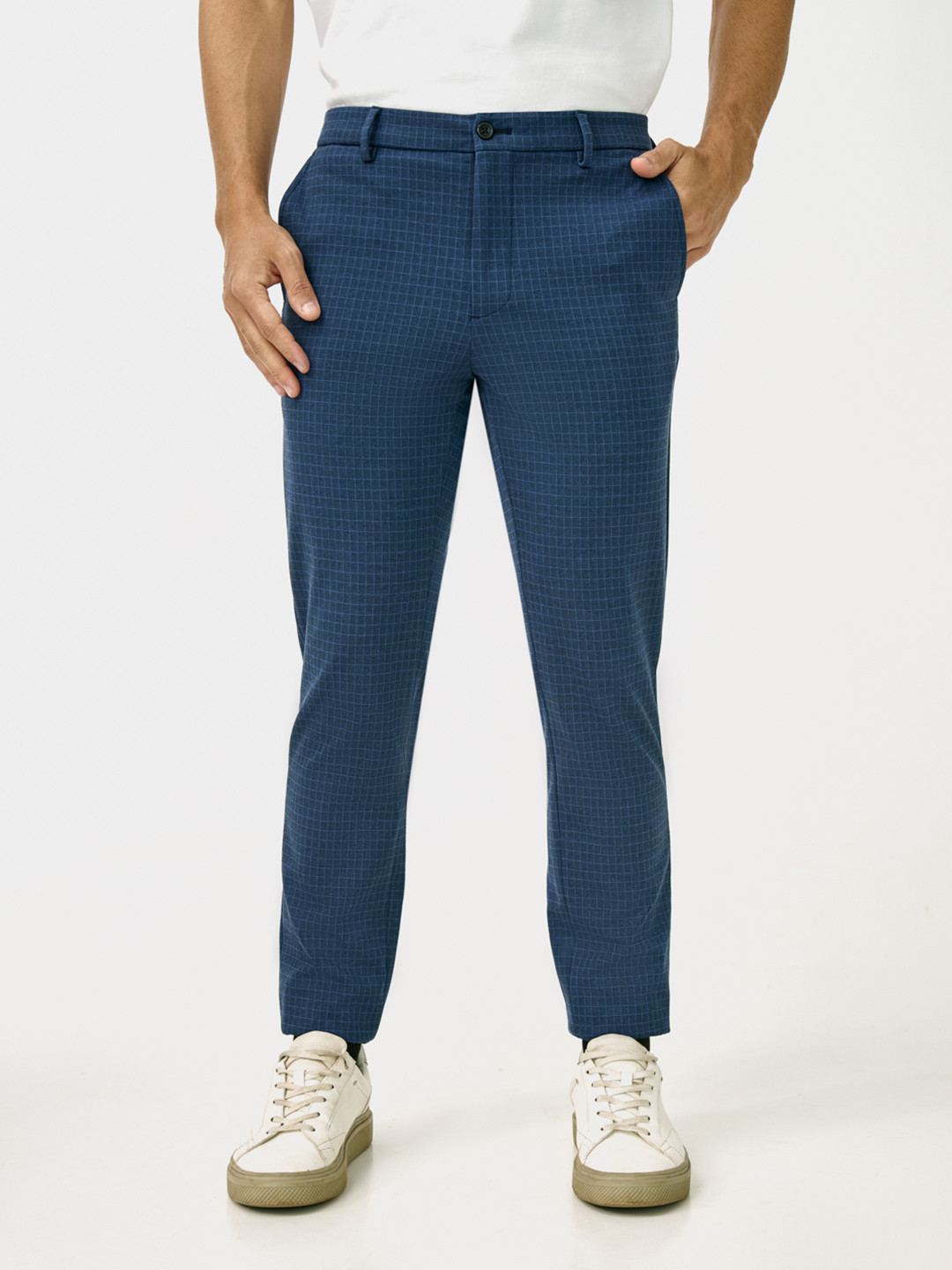 Buy The Pant Project Navy Blue Checks Slim Fit Wrinkle Free Power ...