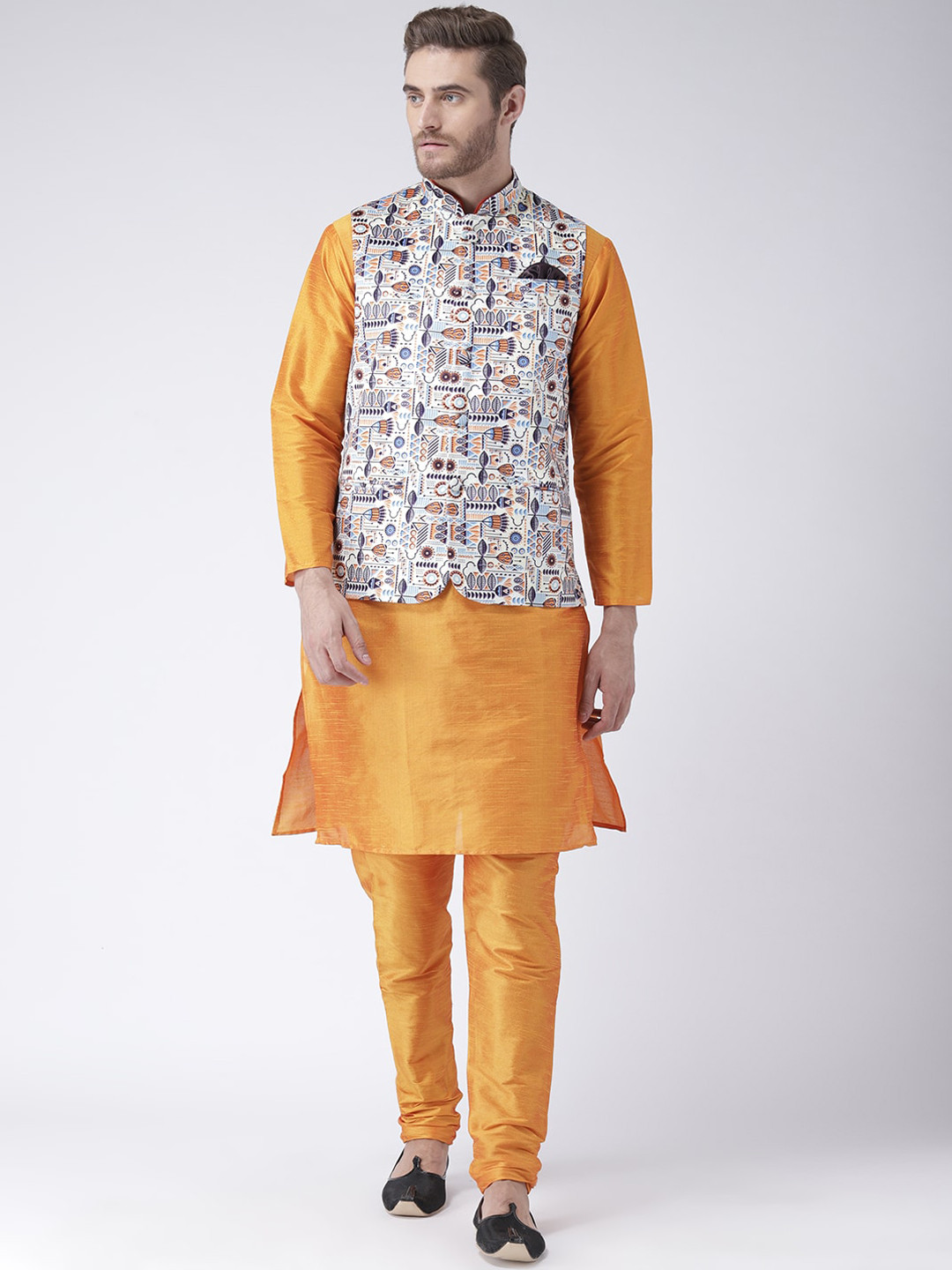 Buy Hangup Trend Men Linen Kurta With Churidar & Nehru Jacket - Kurta ...