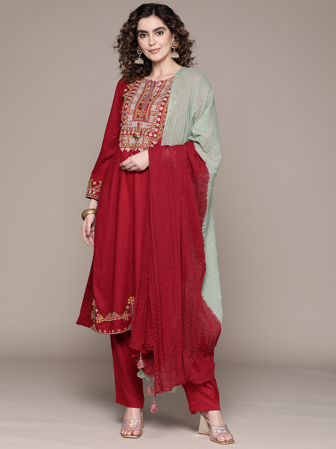 Buy Aarke Ritu Kumar Women Red Embroidered Kantha Work Kurta With ...