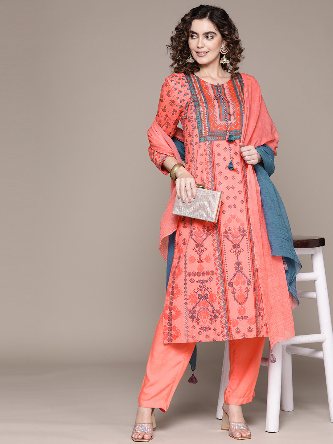 Buy Aarke Ritu Kumar Women Peach Coloured Printed Pure Cotton Kurta ...