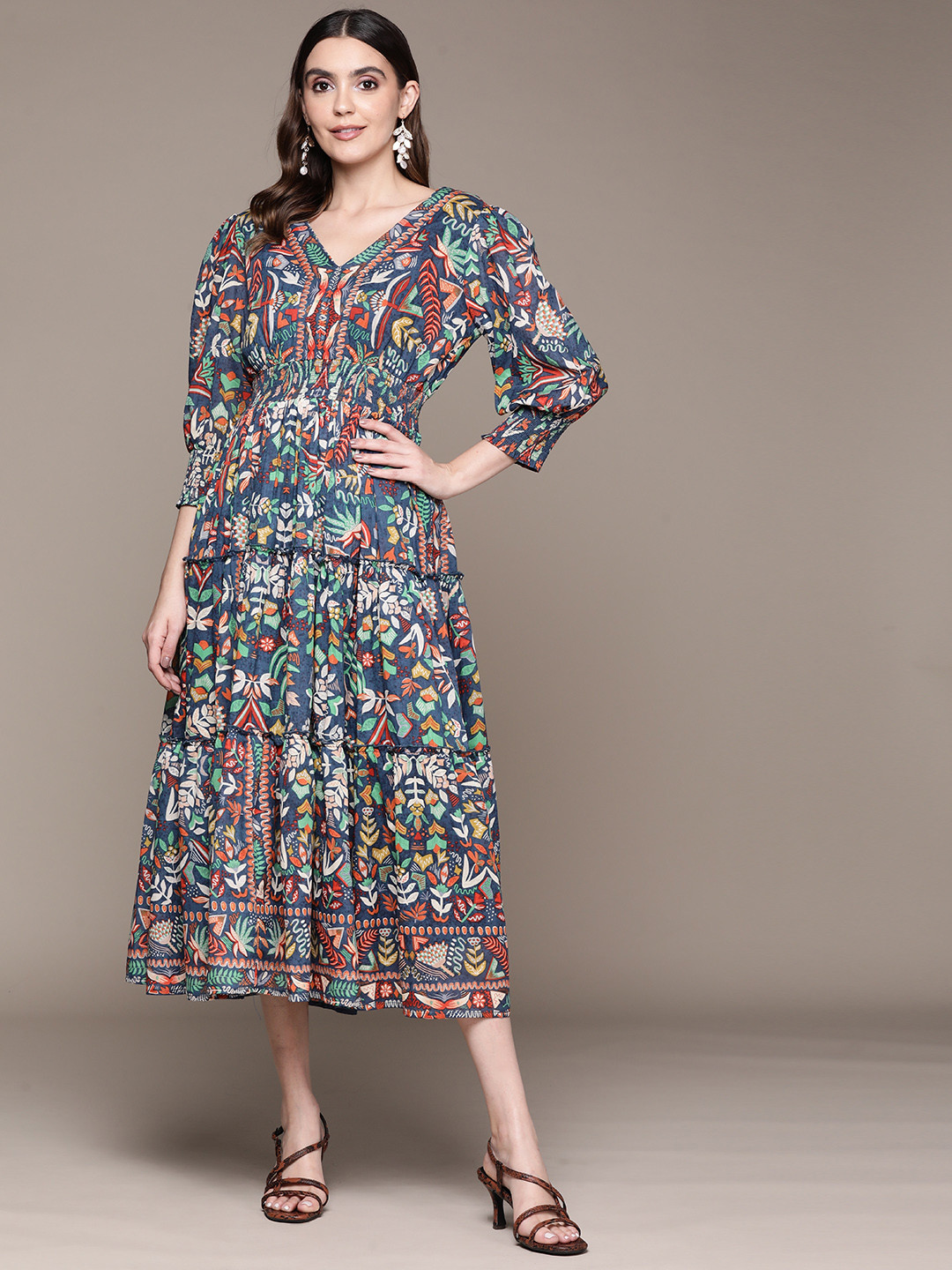 Buy Label Ritu Kumar Floral Printed Pure Cotton Midi Dress - Dresses ...