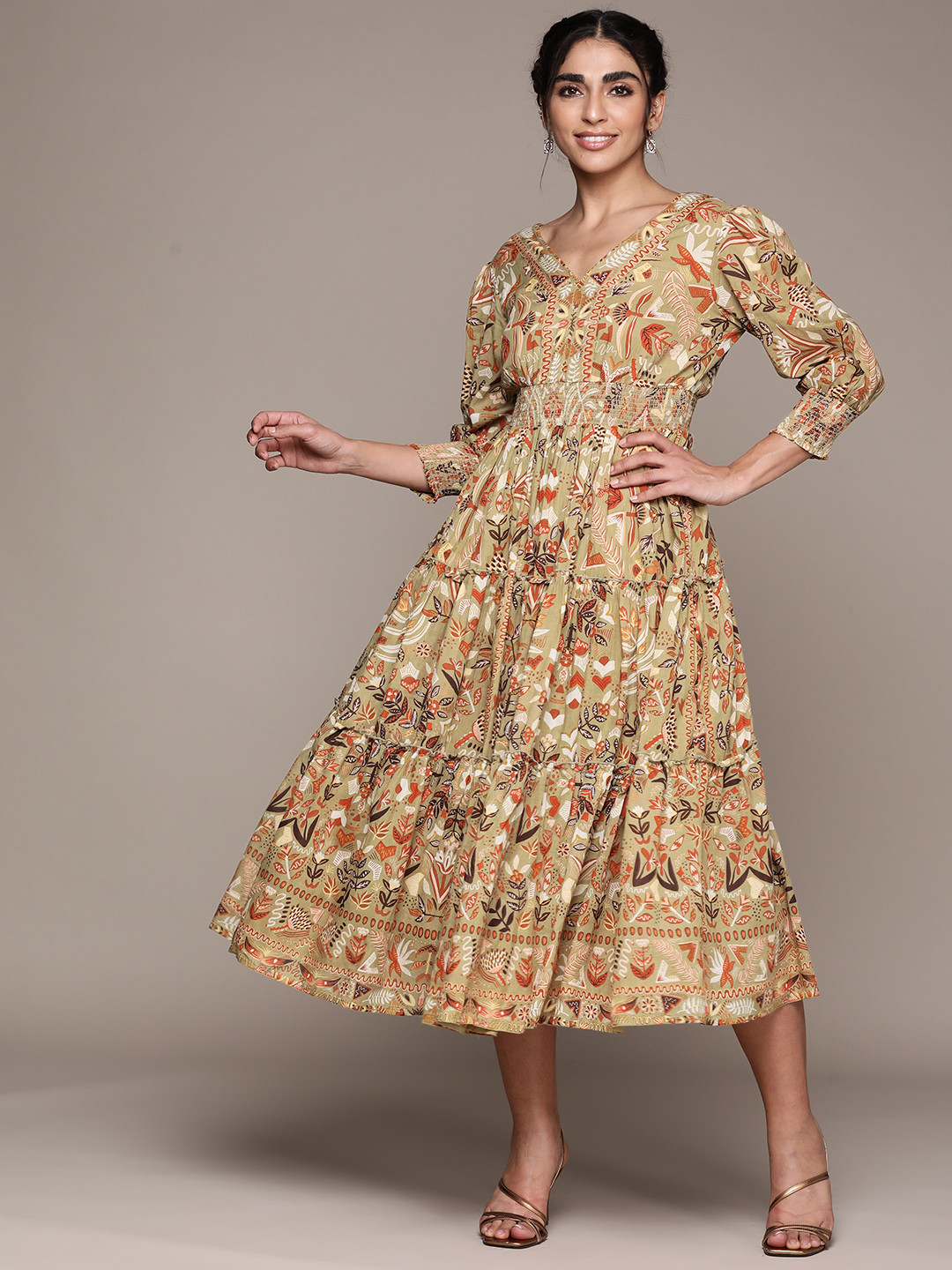 Buy Label Ritu Kumar Floral Printed Pure Cotton Smocked Maxi Dress ...