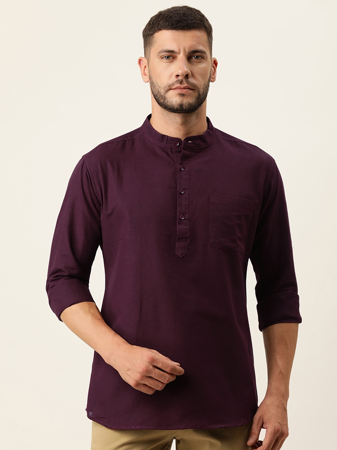 Buy White Heart Men Mandarin Collar Cuffed Sleeves Pure Cotton Kurta