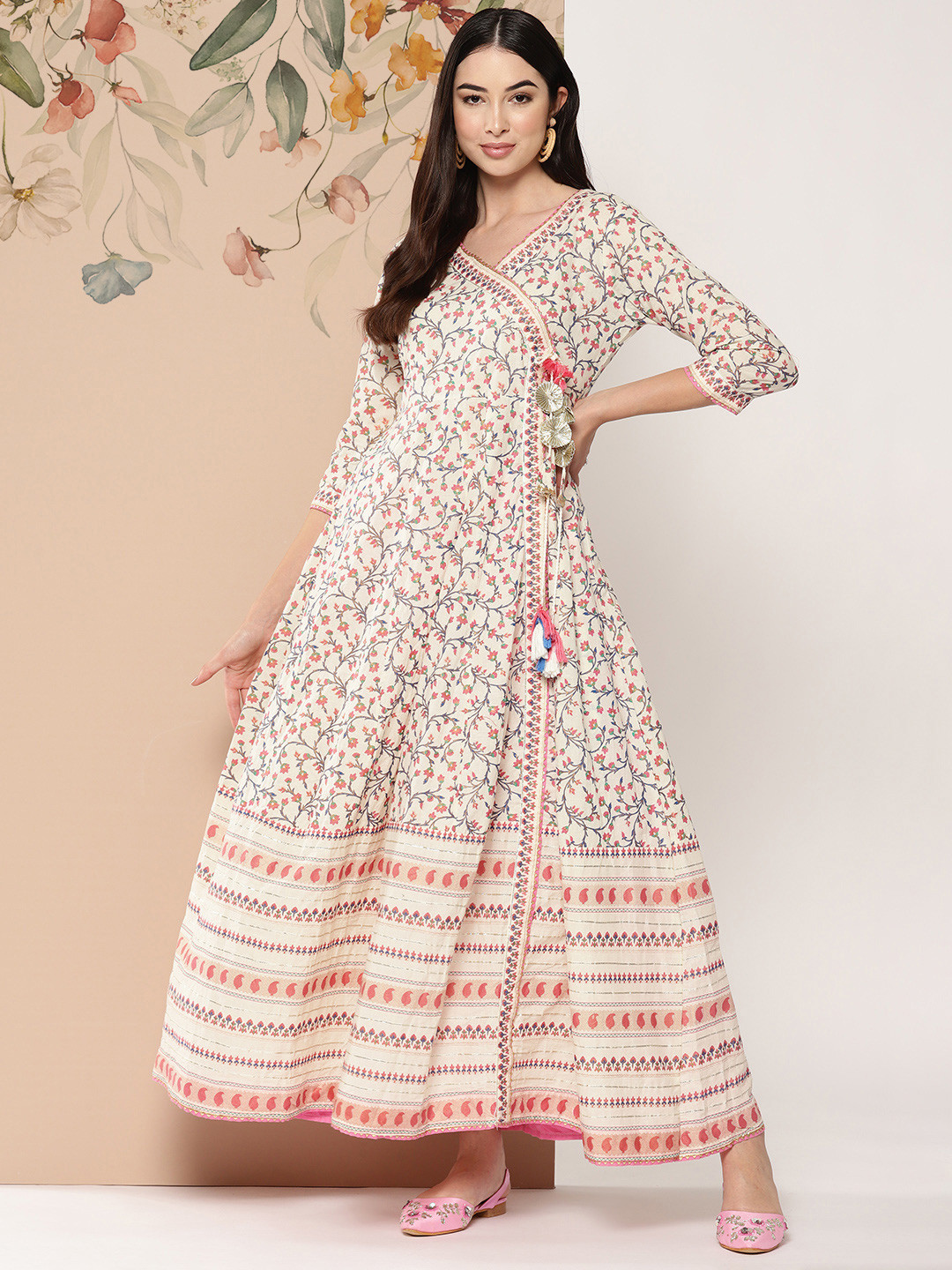 Buy KALINI Floral Printed Tie Up Detail Angrakha Style Anarkali Kurta ...