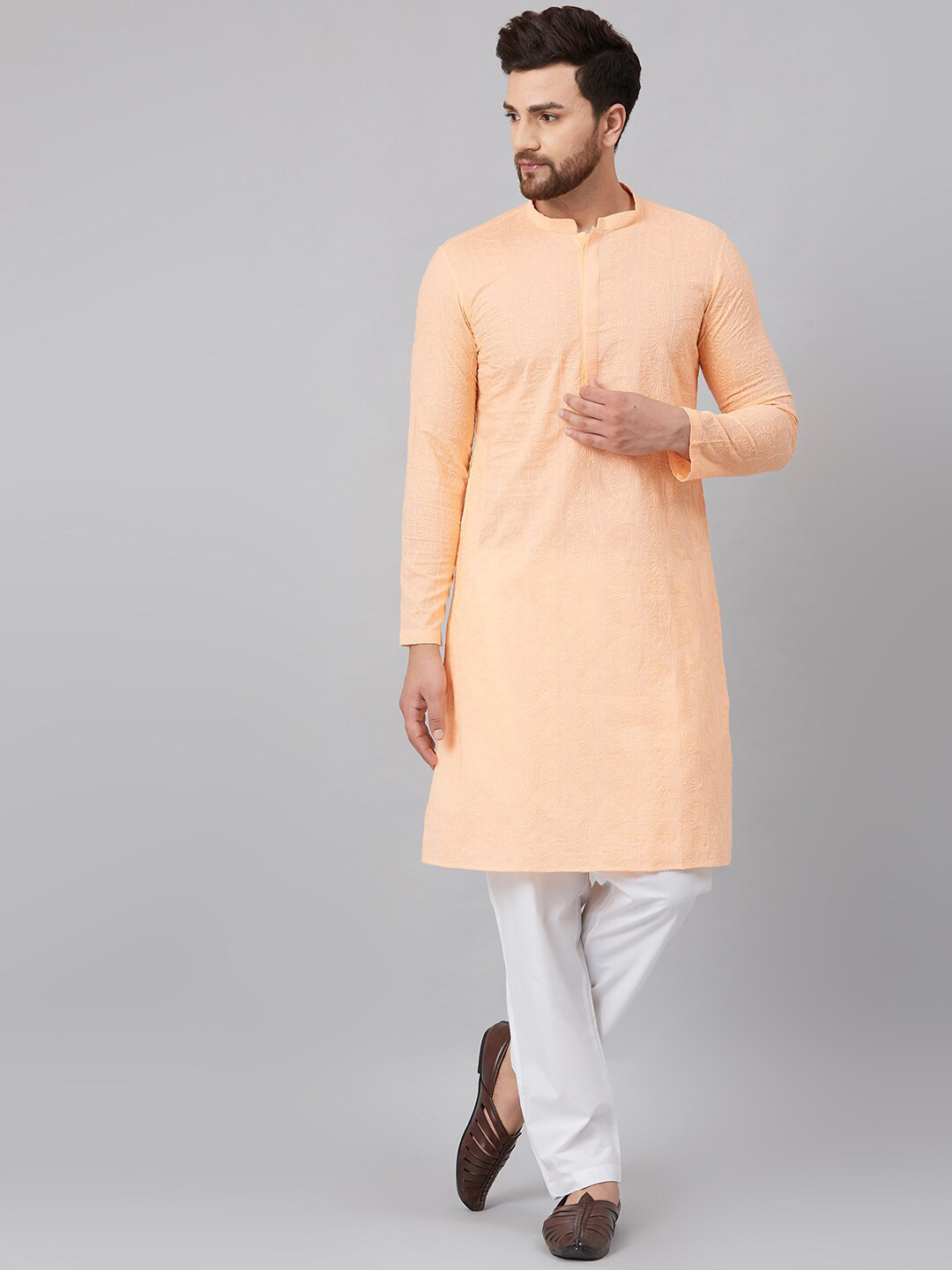 Buy See Designs Men Peach Coloured Embroidered Chikankari Pure Cotton ...
