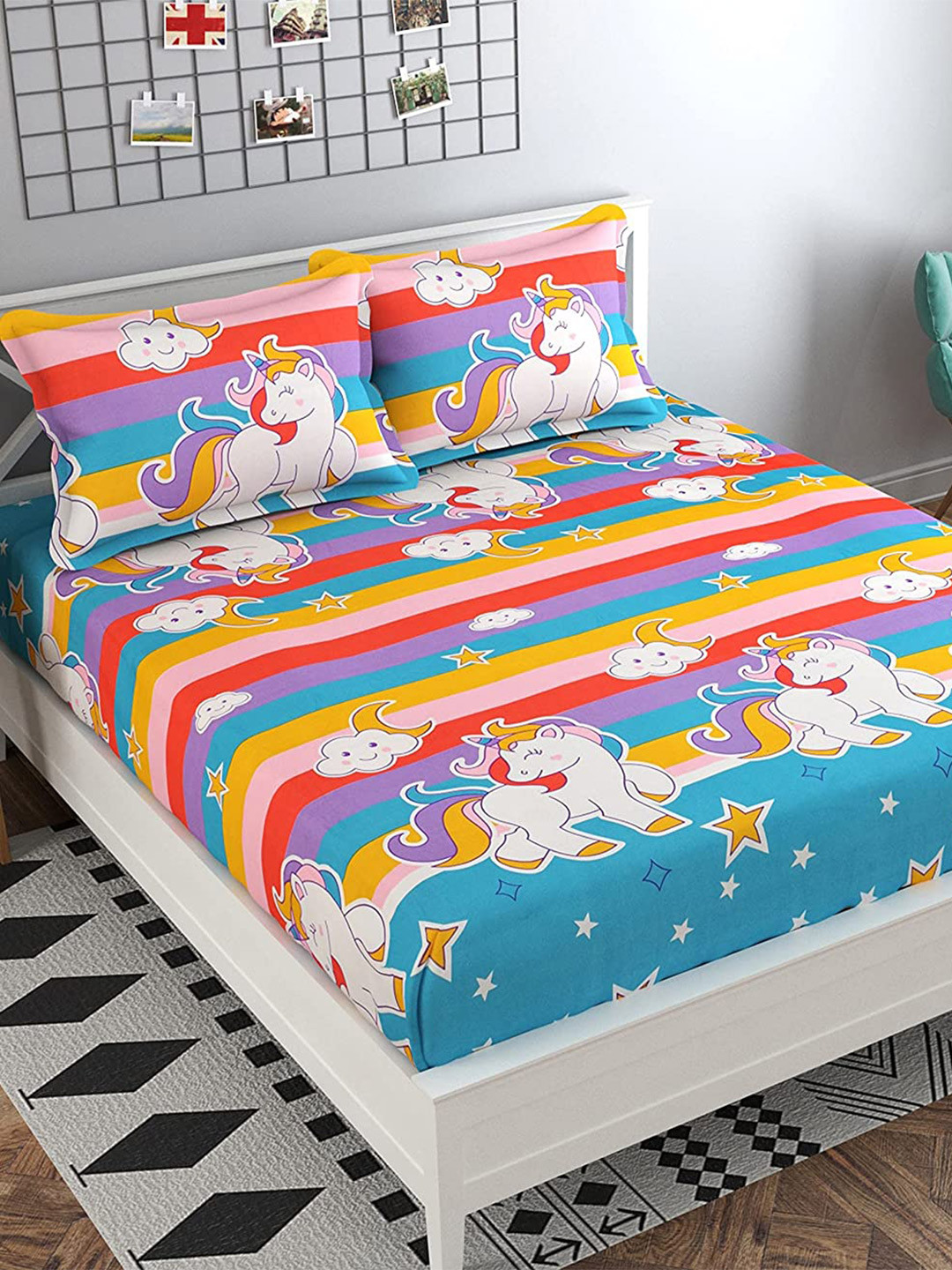 Buy Bajo's Blue & White Cartoon Characters 210 TC Flat Queen Bedsheet ...