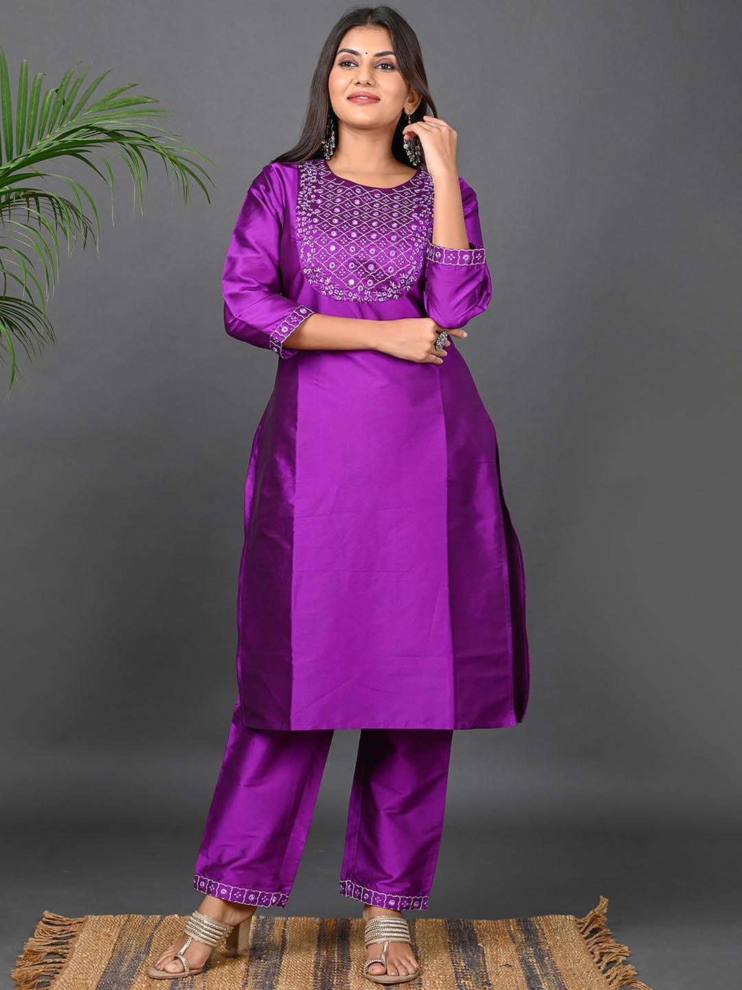 Buy Riara Women Embroidered Mirror Work Kurta With Trousers & With ...