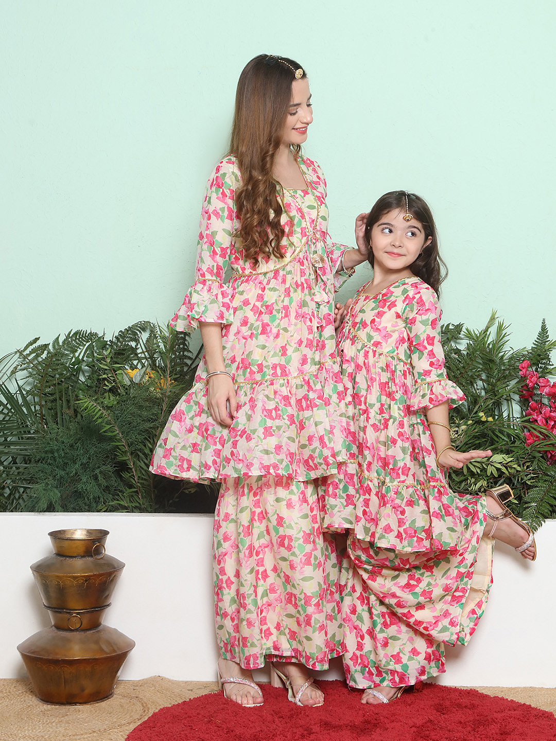 Buy Bitiya By Bhama Girls Floral Printed Tiered Kurta With Sharara ...