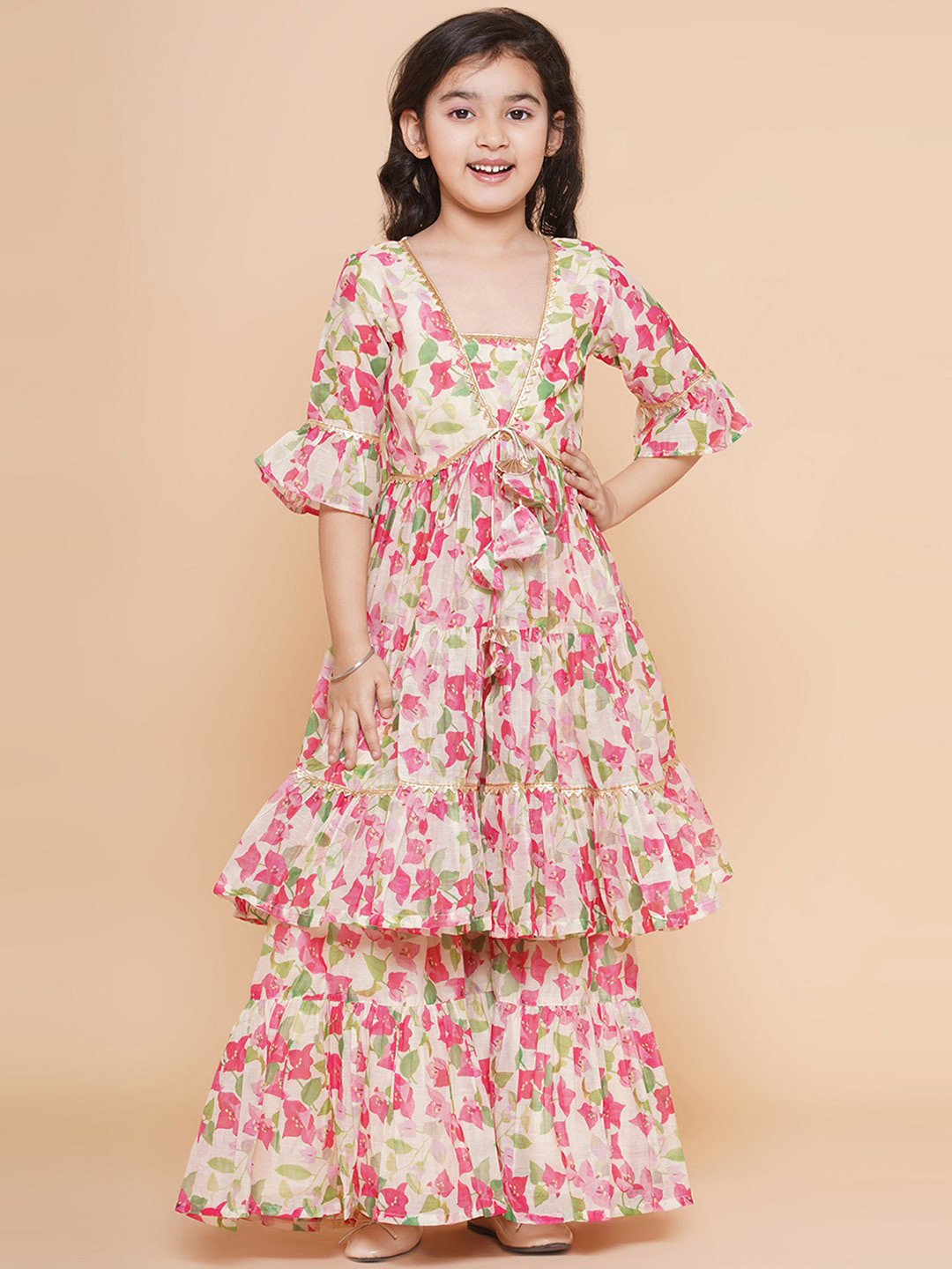 Buy Bitiya By Bhama Girls Floral Printed Tiered Kurta With Sharara ...