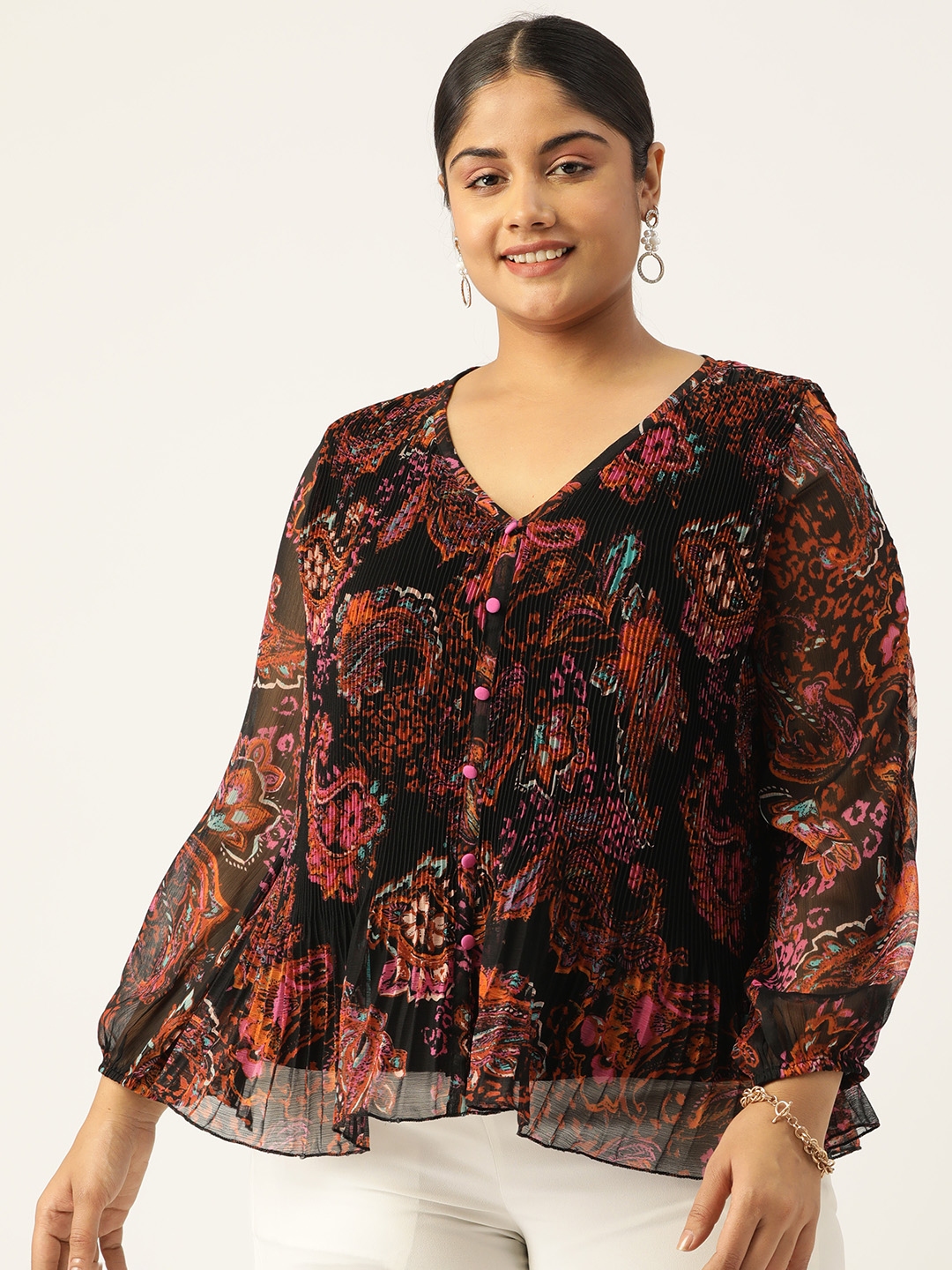 Buy Antheaa Curve Plus Size Ethnic Motifs Printed Pleated Chiffon A