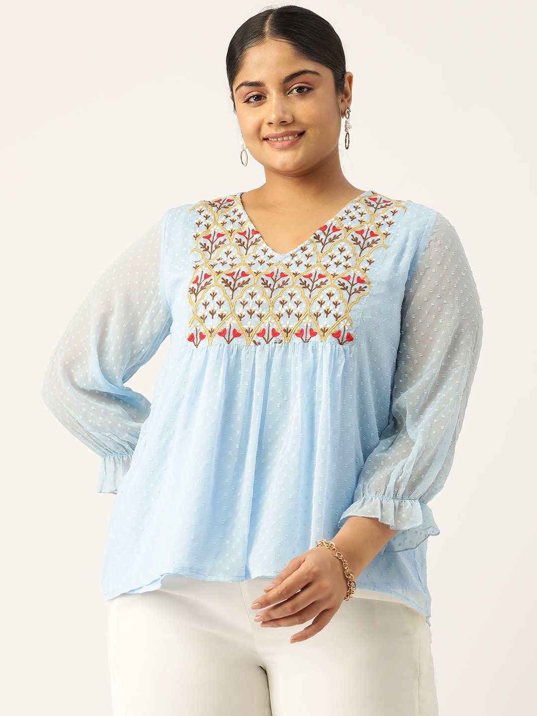 Buy Antheaa Curve Plus Size Ethnic Motifs Embroidered Pleated Chiffon A