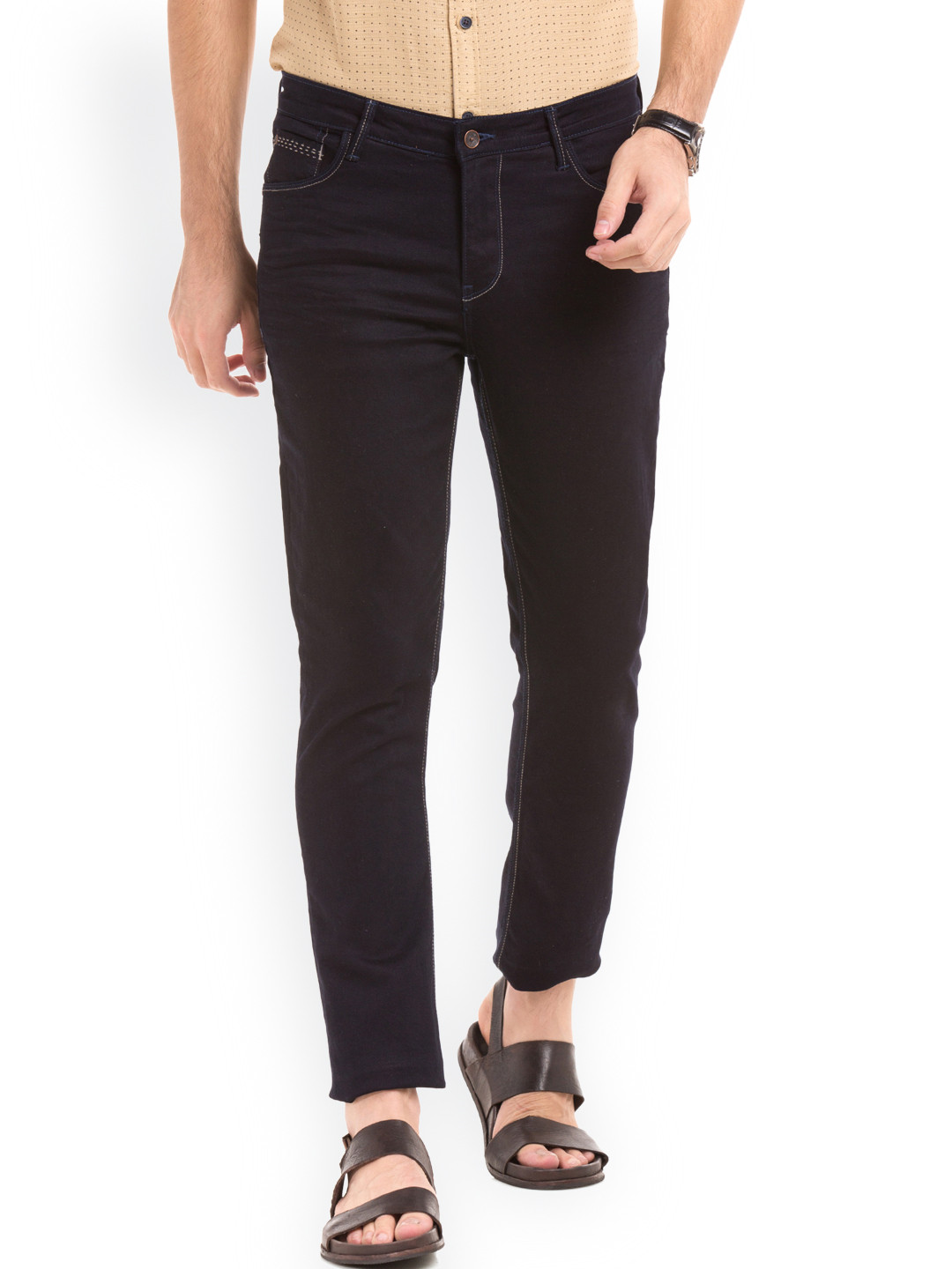 Buy True Blue Men Navy Blue Slim Fit Mid Rise Clean Look Stretchable ...