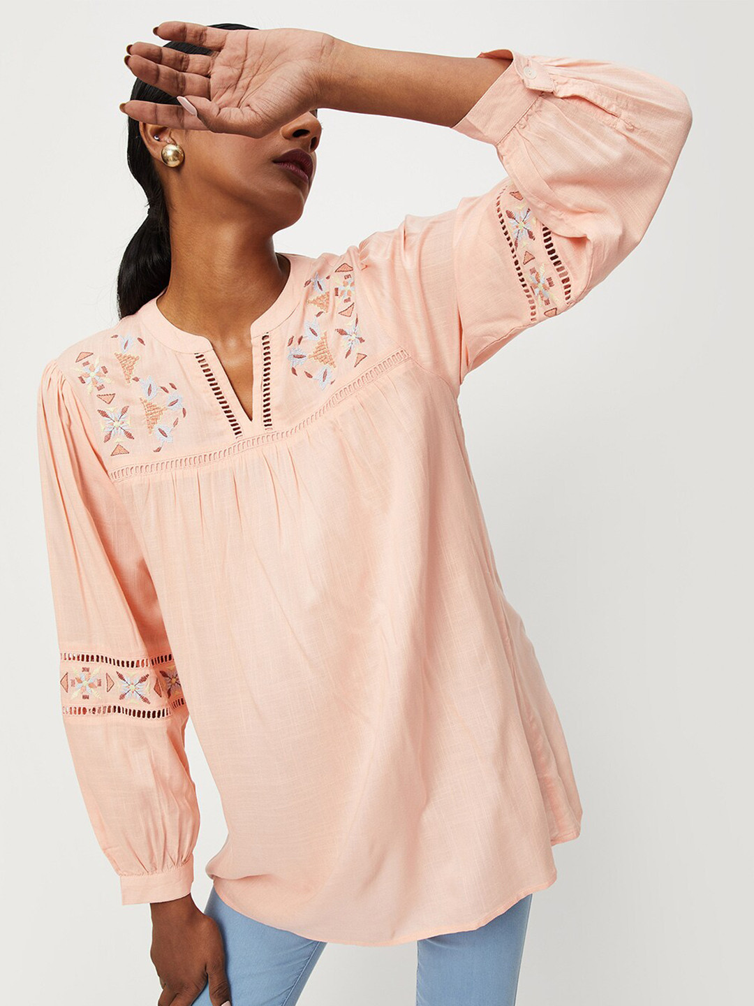 Buy Max Orange & Blue Viscose Rayon Mandarin Collar Embroidered Tunic ...