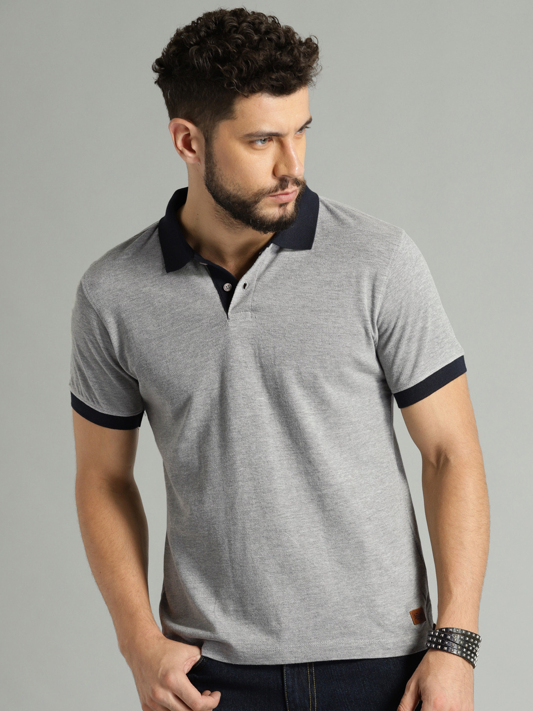 Buy Roadster Men Grey Melange Solid Polo Collar Pure Cotton T Shirt ...
