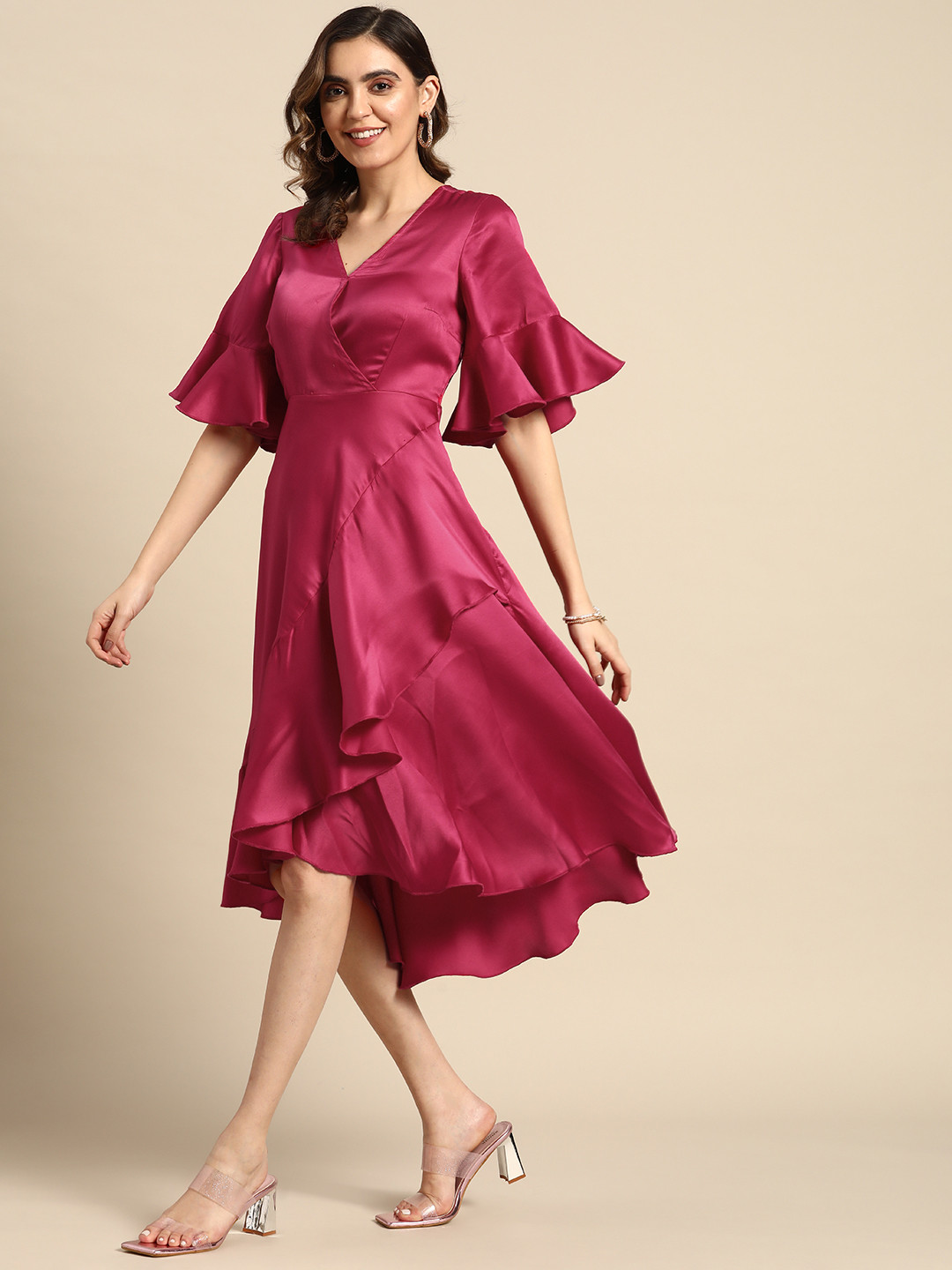 Buy MABISH By Sonal Jain Flared Sleeves Ruffled Satin Midi Wrap Dress ...